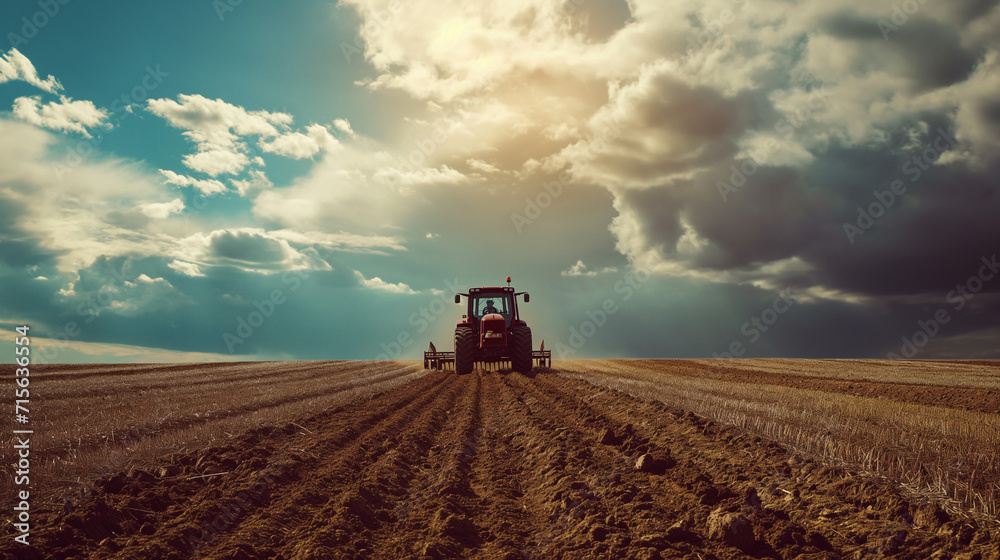 Tractor plowing field on the farm under a cloudy sky, challenging ...