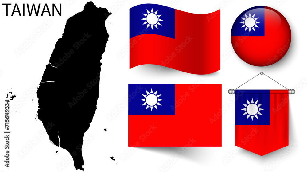 The various patterns of the Taiwan national flags and the map of the ...