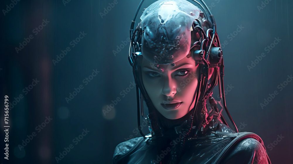 Cinematic image of a cyberpunk female bionic robot wearing a mask. Game ...