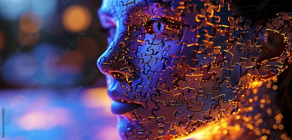 Luminous neon 3D jigsaw puzzle face with interlocking pieces creating a ...