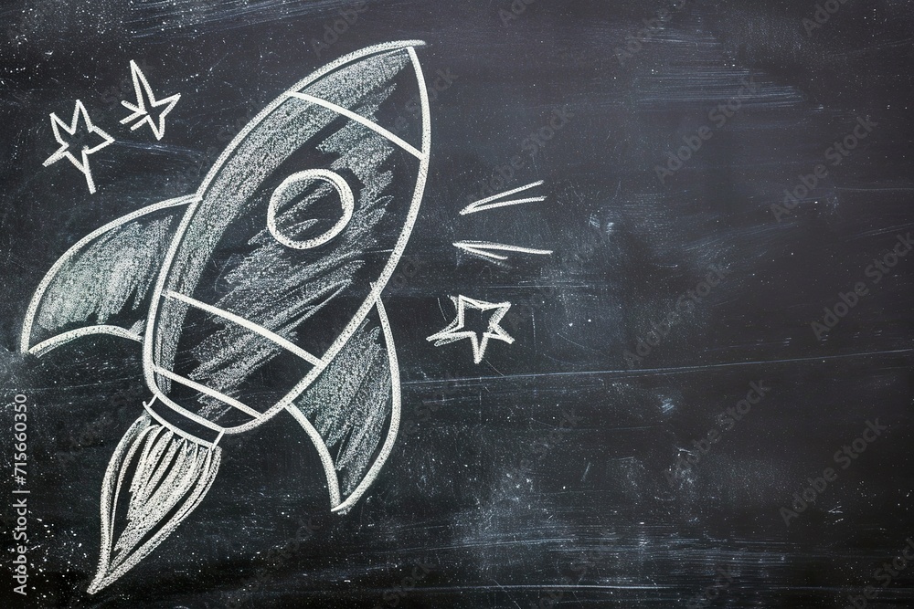 An exciting rocket drawing with precise details made with white chalk ...