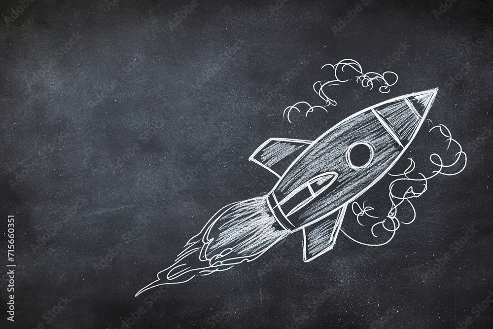 An exciting rocket drawing with precise details made with white chalk ...