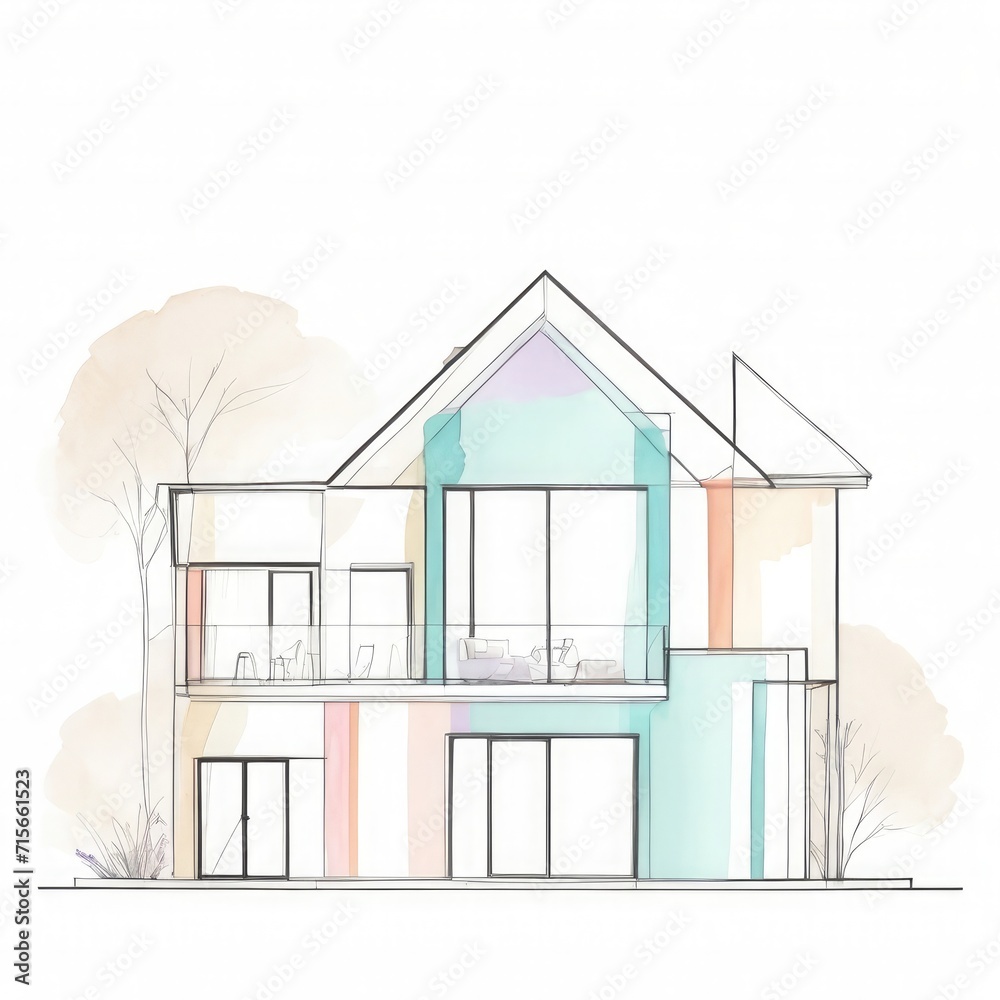 house drawing or Sketch of a detached house with a garden duplex floor ...
