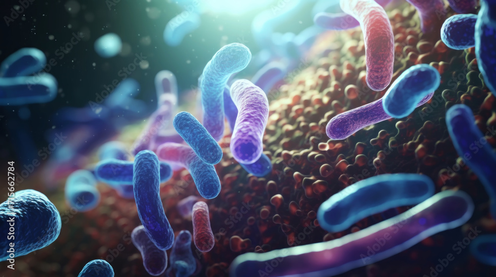 An ultra-realistic close-up scientific image of microbiota colonies in ...