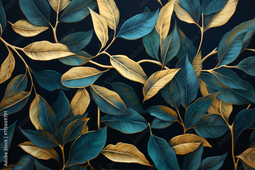 gold leaves on dark blue background with gold leaf stamp, in the style ...