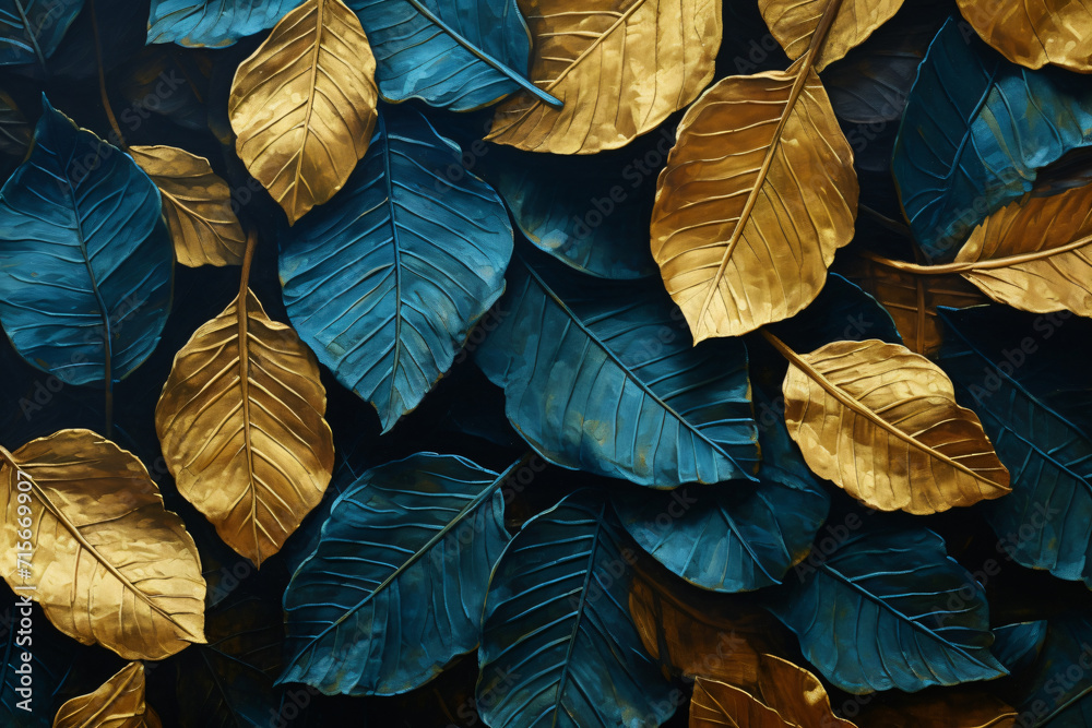 gold leaves on dark blue background with gold leaf stamp, in the style ...