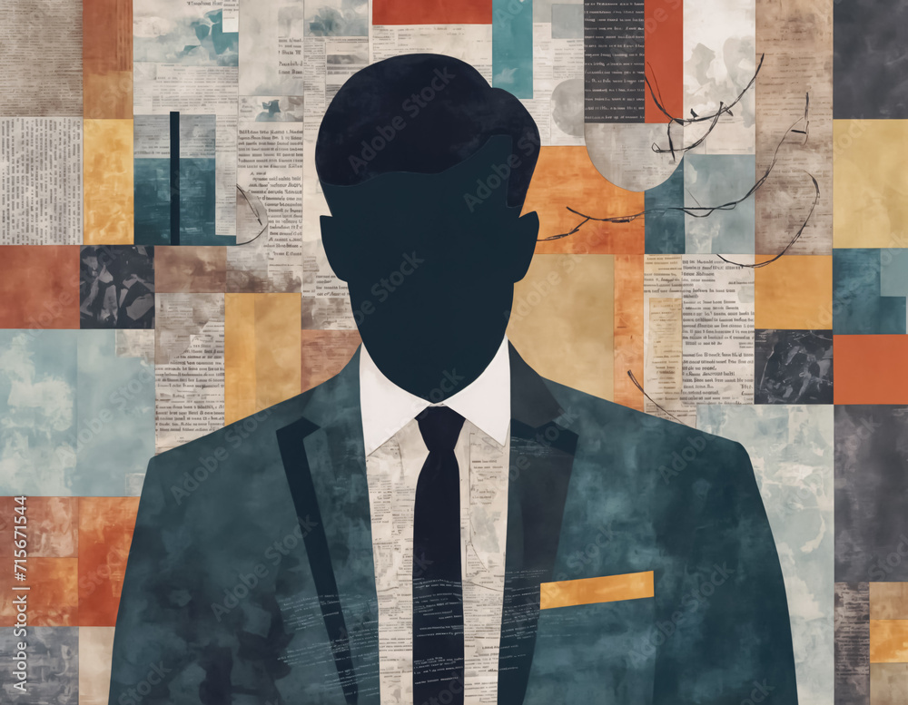 Collage illustration of a faceless man wearing a suit with a tie on a ...