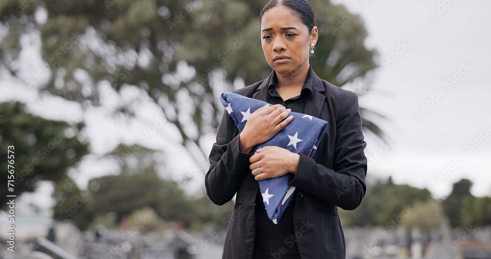 Funeral, death and american flag with a woman in a graveyard for ...