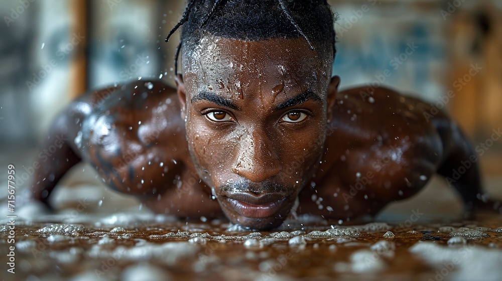 A muscular African-American athlete doing push-ups on gym floor. Black ...