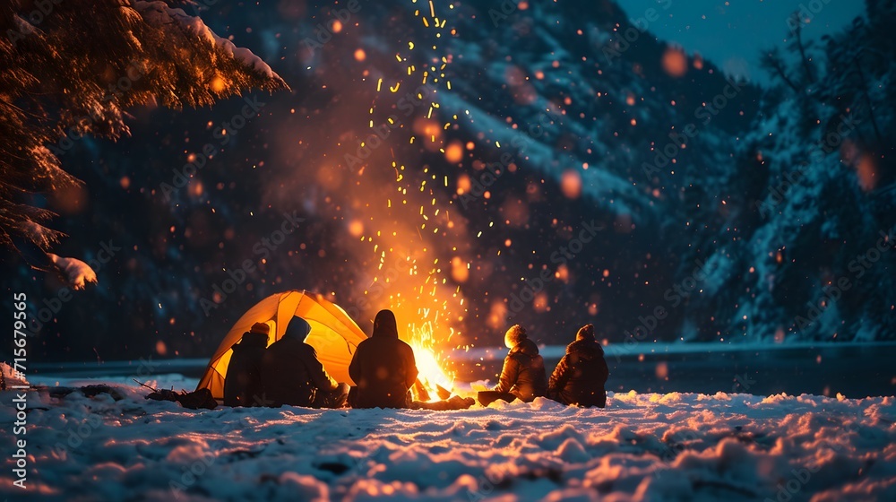 campfire in the forest, a campfire with people sitting around it in the ...