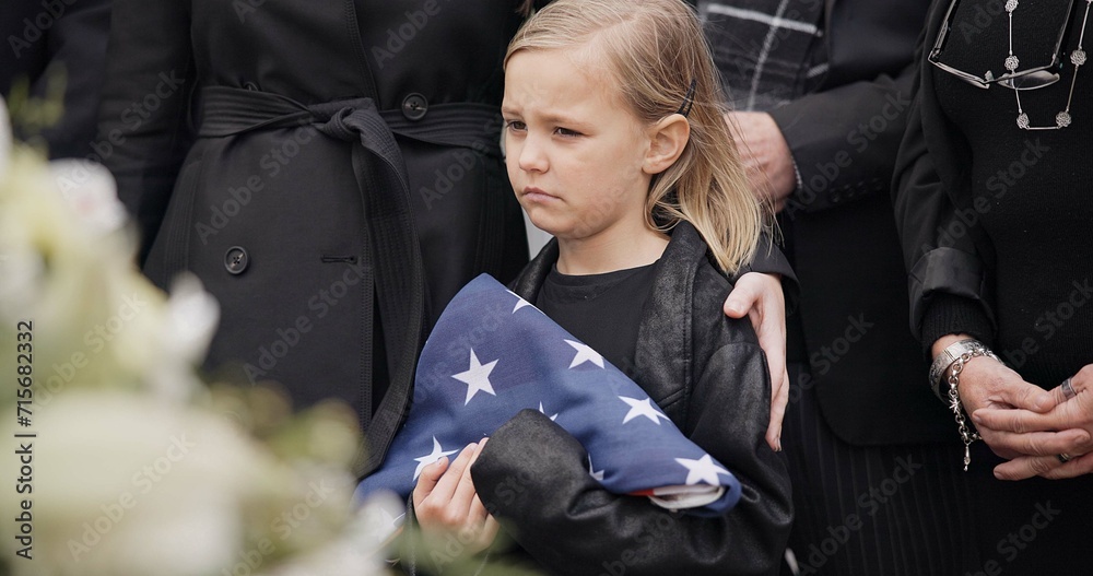 Funeral, cemetery and child with American flag for veteran for respect ...