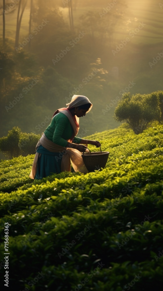 Tea plucking woman, Ceylon hill country woman harvesting tea leaves in ...