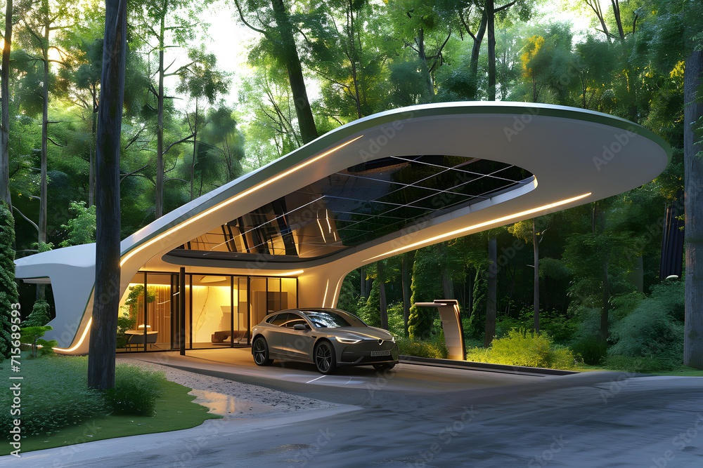 Modern zero energy house in the forest. Green technology. Electric ...