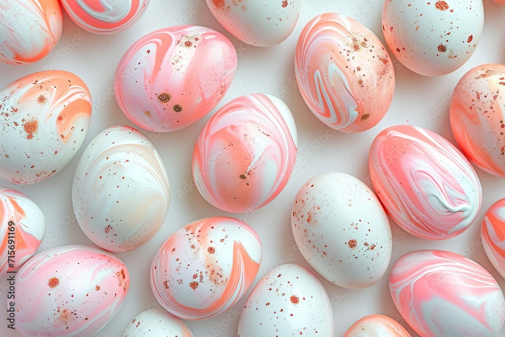 Easter eggs flat lay in soft peach fuzz decorated pastel peach and gold ...