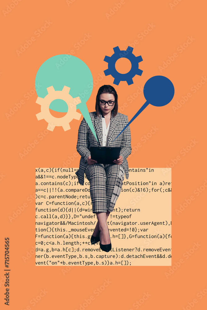 Collage Image Retro Sketch Of Worker Girl Manager Programmer Data Science Coding App Data