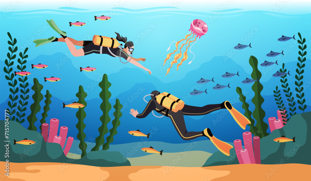 Cartoon divers under water. People with scuba gear and oxygen tanks are ...