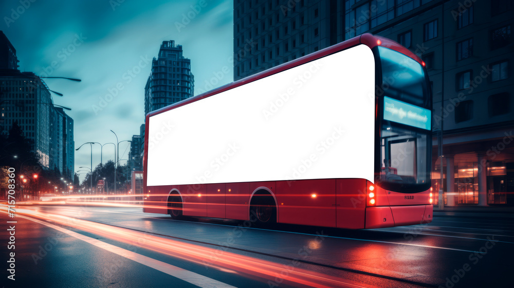 Modern city bus at dusk with large empty mockup advertising space on ...