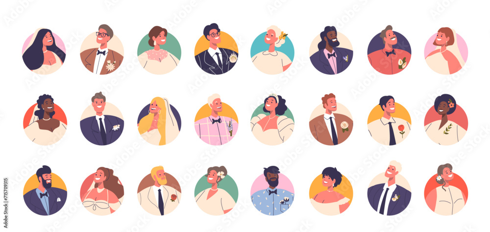 Bride And Groom Avatars Vector Set, Features Charming Digital ...