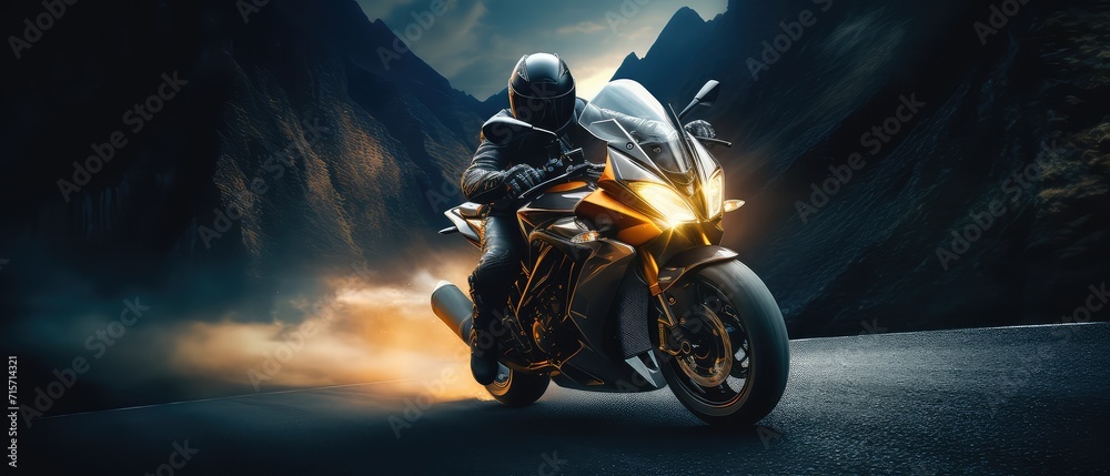 Motorcycle. Professional motorbike rider, riding with high speed on the ...
