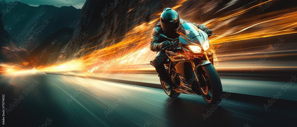 Motorcycle. Professional motorbike rider, riding with high speed on the ...