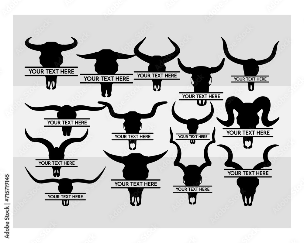 Longhorn Head Skull Split Monogram, Longhorn Head Skull SVG, Longhorn ...