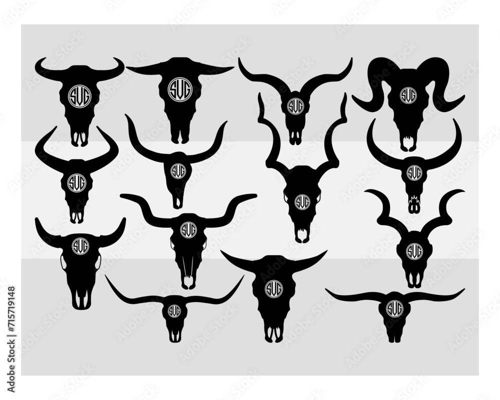 Longhorn Head Skull Cilcle Monogram, Longhorn Head Skull SVG, Longhorn ...