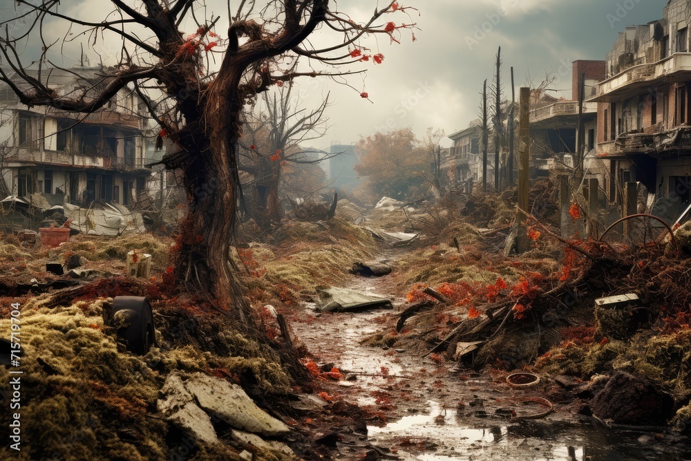 Destroyed buildings in poisoned damaged area. environment conservation ...