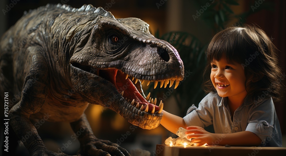 A young girl marvels at the lifelike reptilian statue of a ...