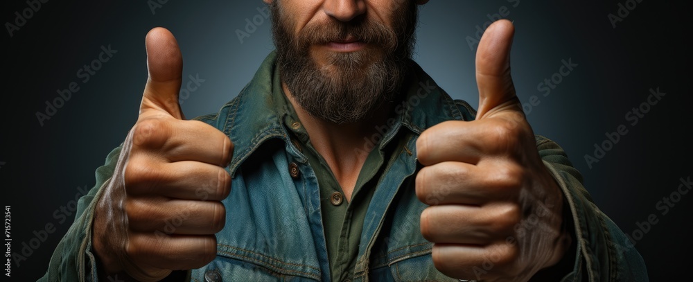 A confident man with a well-groomed beard and mustache proudly gives a ...