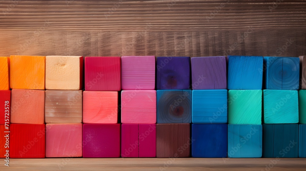Spectrum of colorful wooden blocks aligned on a rustic old wood table ...