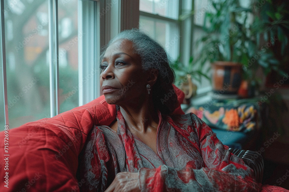 African American woman in her sixties in a situation of loneliness foto ...