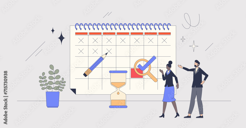 Deadline calendar and meeting schedule or planning retro tiny person ...