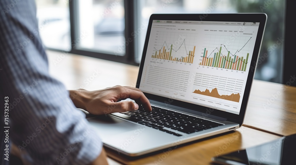 Hand men using laptop for data analysis, business finance with graph ...