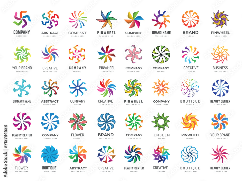 Colored pinwheel. Spinner stylized symbols and pinwheel logos recent ...