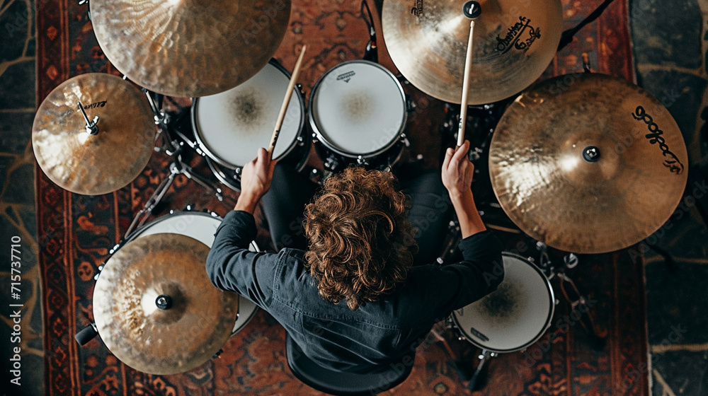 An overhead shot of a jazz drummer in the midst of a spirited solo ...