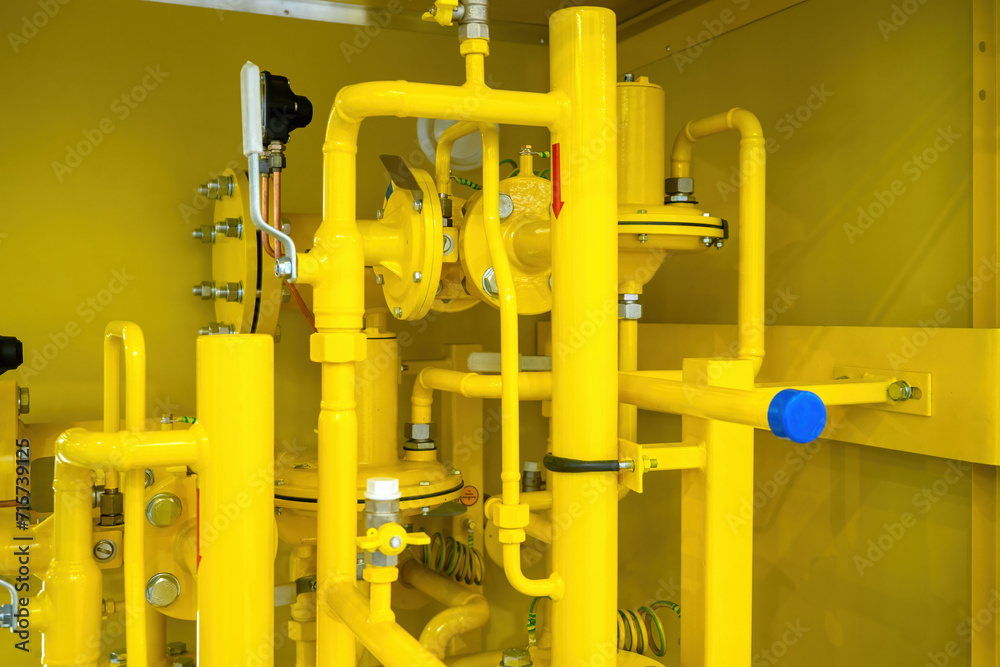 Gas compressor station. Metal cabinet with pipes for propane supply ...