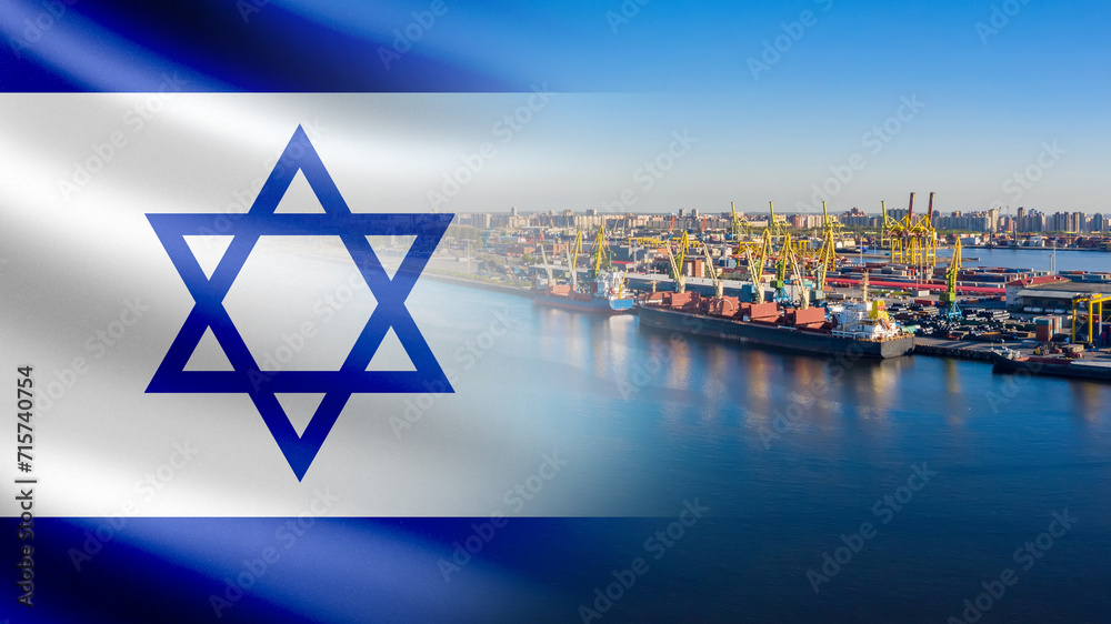 Cargo port with Israel flag. Marine harbor for unloading ships. View ...