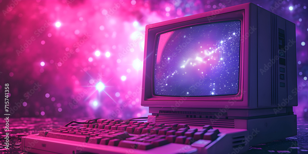 A vintage computer screen displaying a vibrant 80s retro wave style ...