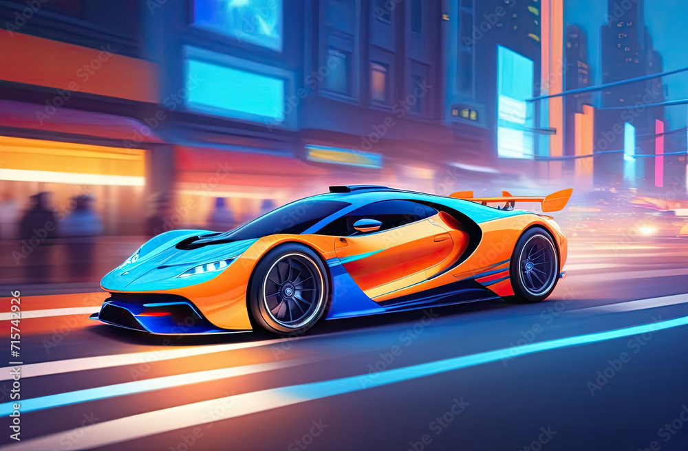 Tuned Sport Car , cyberpunk Retro Sports Car On Neon Highway. Powerful ...
