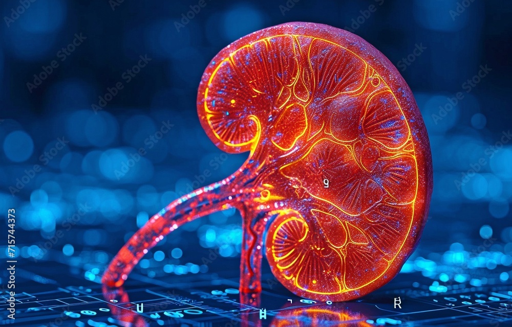 Anatomical graphic showing the cross section of a human kidney ...
