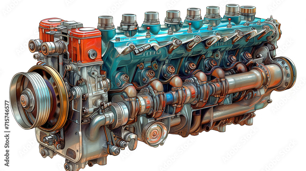A detailed cutaway illustration of a V6 engine, showing the pistons and ...