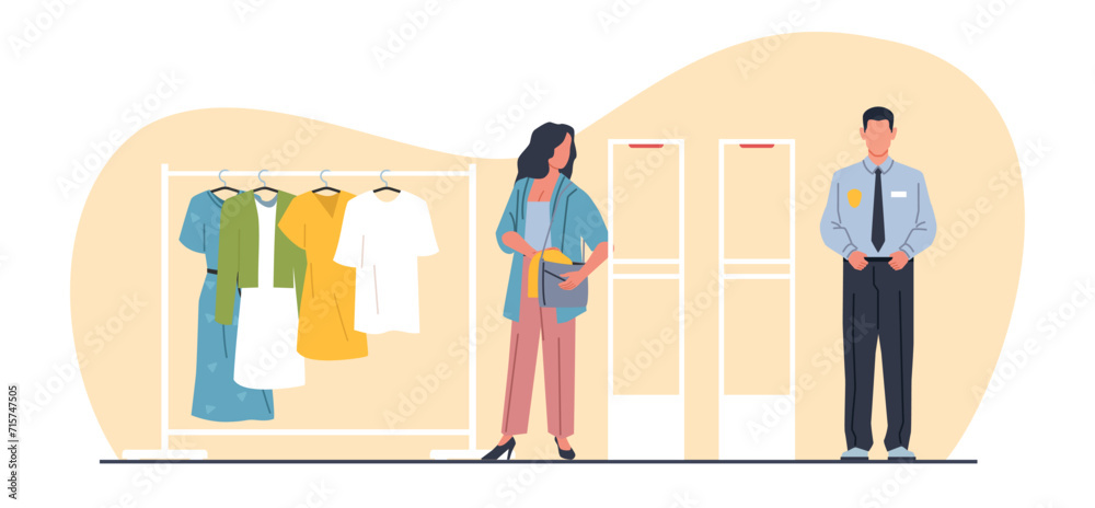 Woman steals things from store. Female character shoplifting in shop ...