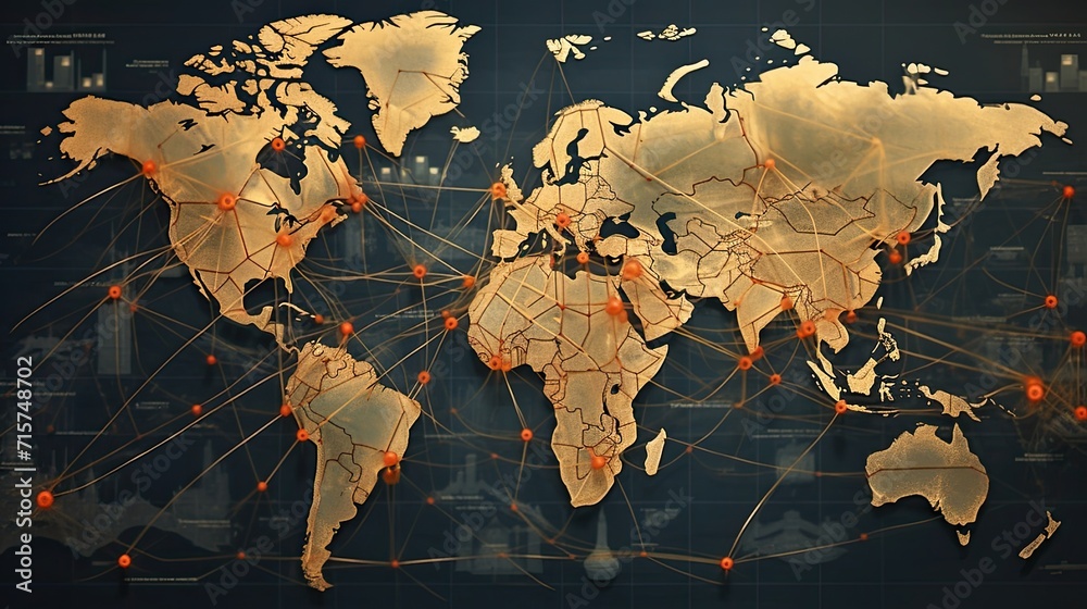 Images depict world maps with trade routes, currency symbols, or global ...