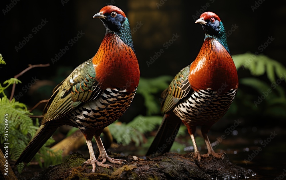 Two gallant phasianidae birds proudly perch on a rustic log, their ...