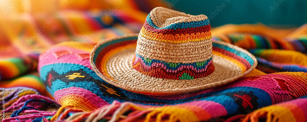 Traditional Mexican sombrero on a colorful woven fabric, set in a ...