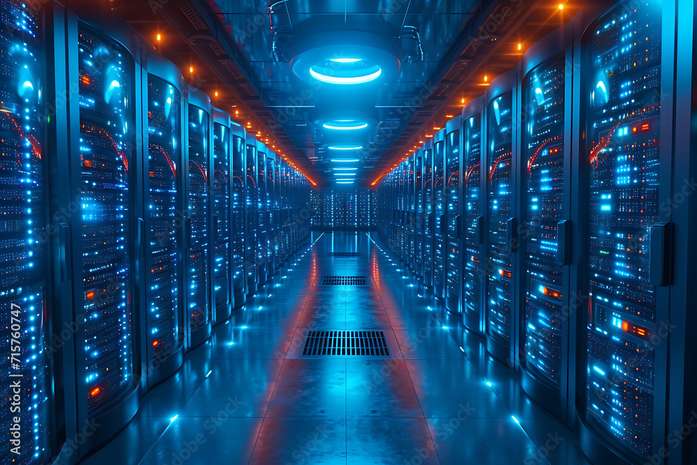 Many powerful servers running in the data center server room. Disk ...