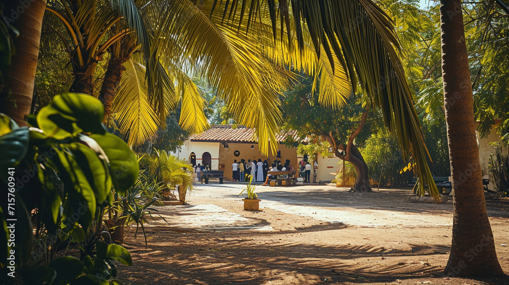 A serene Palm Sunday scene in a rural churchyard, where worshipers ...