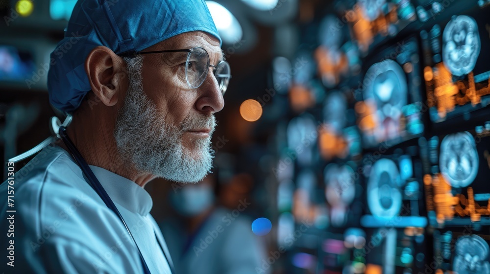 A Detailed Scene of a Neurosurgeon in an Operating Room, Using ...