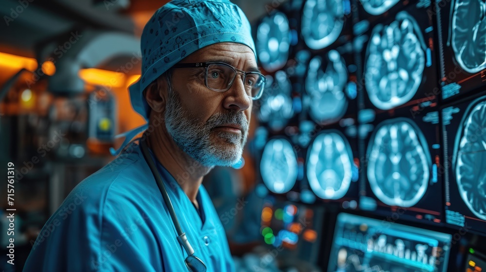 A Detailed Scene of a Neurosurgeon in an Operating Room, Using ...