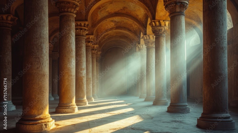 the sun shines through the columns of a building with columns and ...